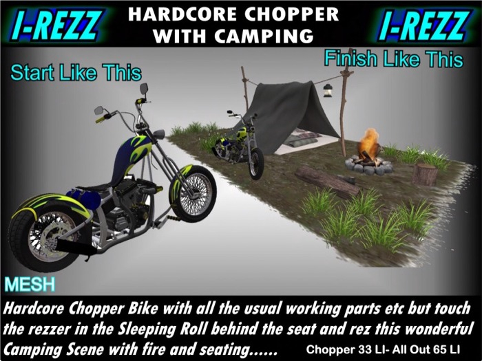 Second Life Marketplace - I-REZZ HARDCORE CHOPPER CAMPING