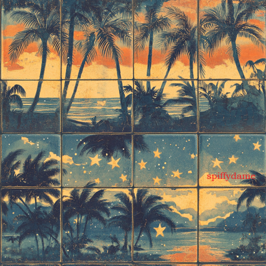 Second Life Marketplace - Sunset Orange Tropical Palm Starry Tiles Texture