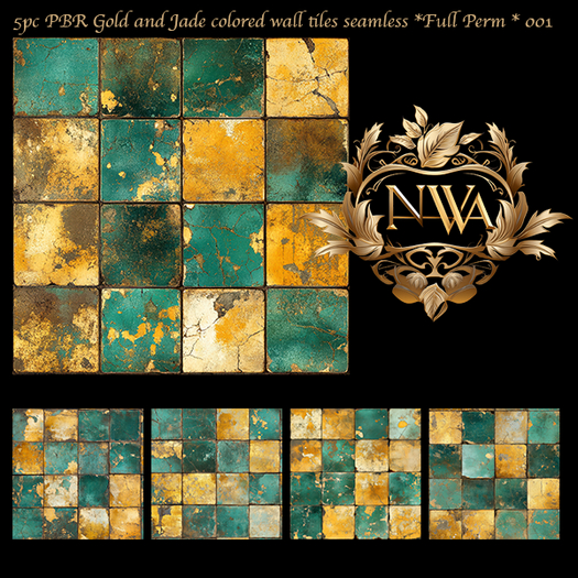 Second Life Marketplace - 5pc PBR Gold and Jade colored wall tiles ...
