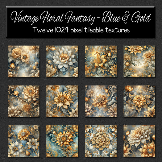 Second Life Marketplace - *Wallflowers* Vintage Floral Fancy - Blue & Gold