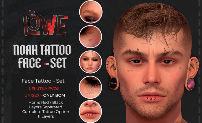 Second Life Marketplace - ! Lowe - Noah Tattoo Face - Set