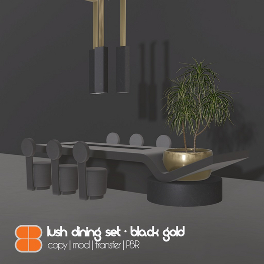Second Life Marketplace - 8 Lush Dining Set PBR - BLACK GOLD