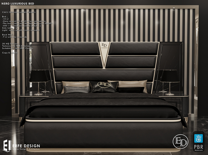 Second Life Marketplace - Nero Luxury Bed PG PBR [Erfe Design] PACK