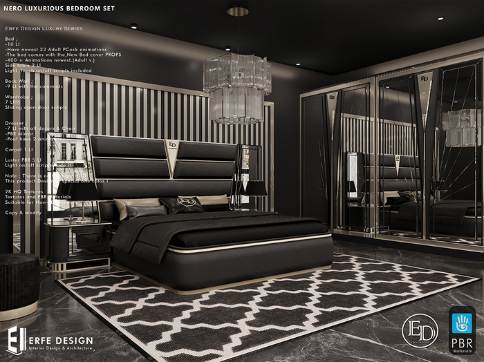 Second Life Marketplace - Nero Luxury Bedroom Set PG PBR [Erfe Design] PACK