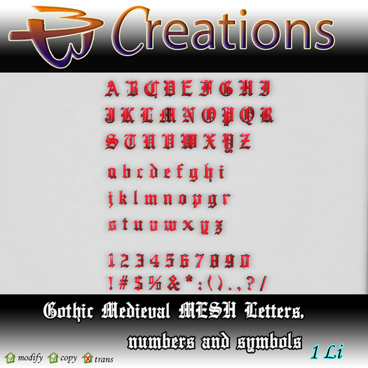 Second Life Marketplace - !BW! - Gothic Medieval Mesh Font ( letters ...