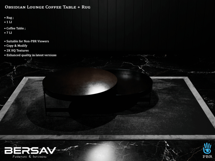 Second Life Marketplace - Bersav - Obsidian Lounge Coffee Table+Rug (Add)
