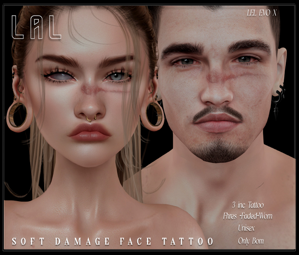 Second Life Marketplace - LAL-Soft Damage Face Tattoo LEL EVO X-Tintable