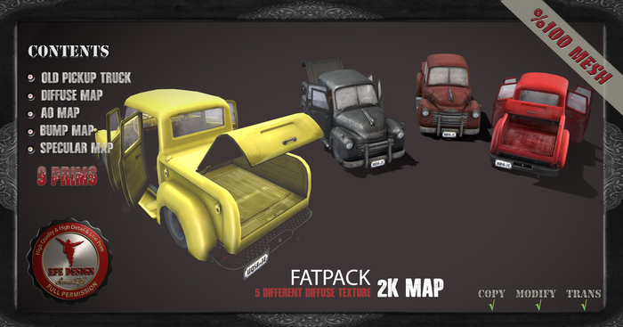 Second Life Marketplace - (Efe Design) Old Pickup Truck Fatpack Fullperm