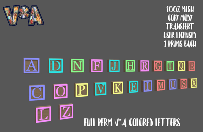 Second Life Marketplace - FULL PERM V*A COLORED LETTERS