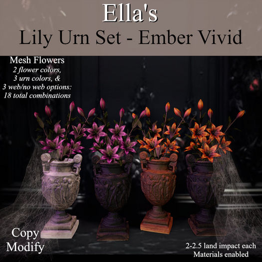 Second Life Marketplace - Ella's Lily Urn Set - Ember Vivid