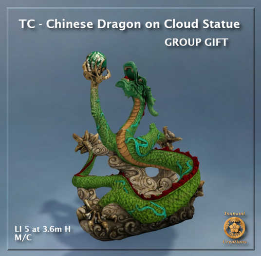 Second Life Marketplace - TC - Chinese Dragon on Cloud Statue GROUP GIFT