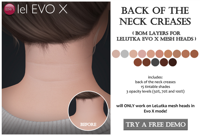 Second Life Marketplace - Izzie's - DEMO Back Of The Neck Creases (Evo ...