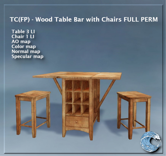 Second Life Marketplace - TC(FP) - Wood Table Bar with Chairs FULL PERM