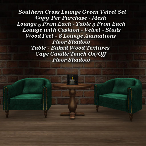 Second Life Marketplace - Southern Cross Lounge Green Velvet Set1