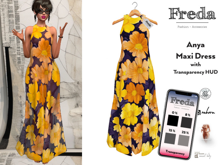 Second Life Marketplace - "Freda" Anya Maxidress Flowers Yellow Black ...