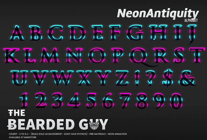 Second Life Marketplace - Pack Neon Antiquity Alphabet - The Bearded Guy