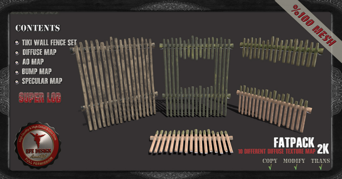 Second Life Marketplace - (Efe Design) Tiki Wall Fence Set Fatpack Fullperm