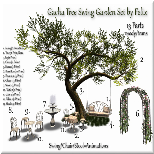 Second Life Marketplace - Gacha Tree Swing Set by Felix *Stool2* 3 Prim