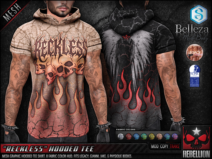 Second Life Marketplace - = REBELLION = "RECKLESS" HOODED TEE (Legacy ...