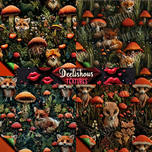 Second Life Marketplace - DEMO Seamless Embroidered Fox and Mushroom ...