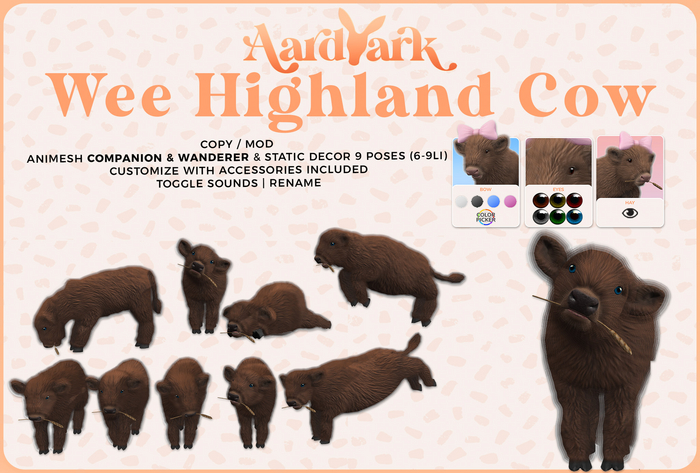 Second Life Marketplace - Aardvark : Wee Highland Cow companion - Mahogany