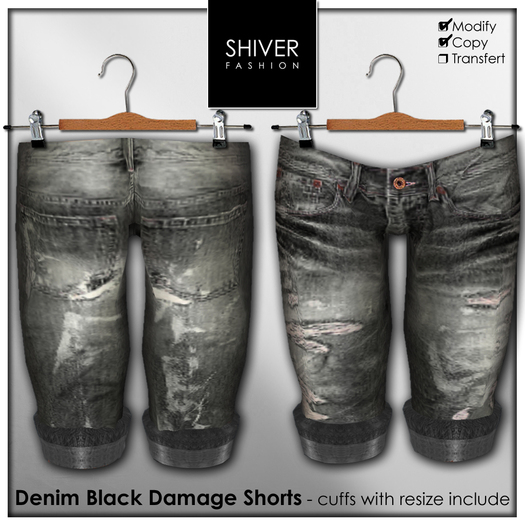 Second Life Marketplace - SHIVER - Denim Black Damage Shorts Jeans