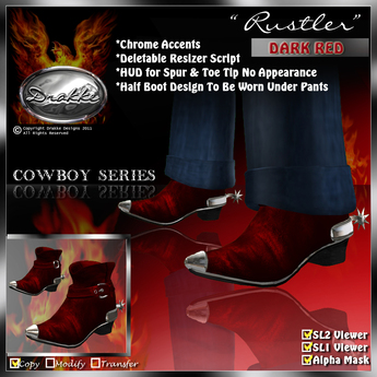 Second Life Marketplace - !Drakke! "Rustler" Cowboy Half Boots(Dark Red ...