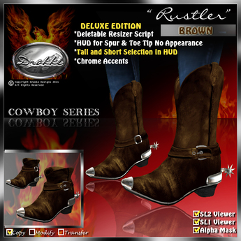 Second Life Marketplace - !Drakke! "Rustler" Cowboy Boots(Brown) (M ...