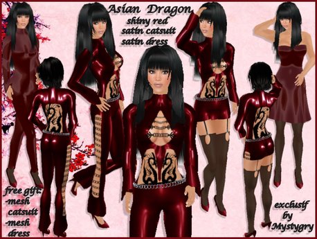 Second Life Marketplace - Asian dragon satin red sexy catsuit mini ...