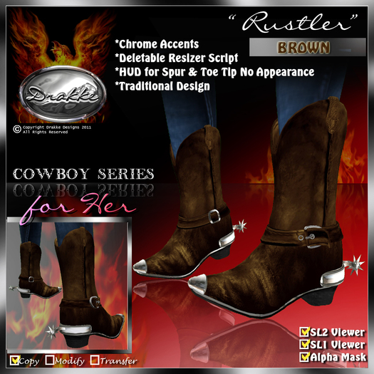 Second Life Marketplace - !Drakke! "Rustler" Cowboy Boots(Brown) (F ...