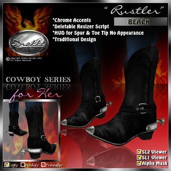 Second Life Marketplace - !Drakke! "Rustler" Cowboy Boots(Black) (F ...