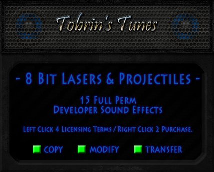 Second Life Marketplace - Tobrin's Tunes - 8 bit Lasers & Projectiles SFx
