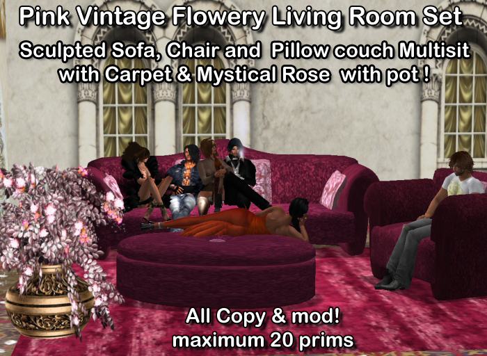 Second Life Marketplace - Pink Vintage Flowery Living Room Set