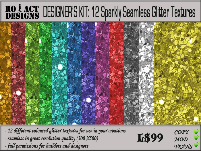 Second Life Marketplace - ..::RO!ACT::..DESIGNS 12 Seamless Glitter ...