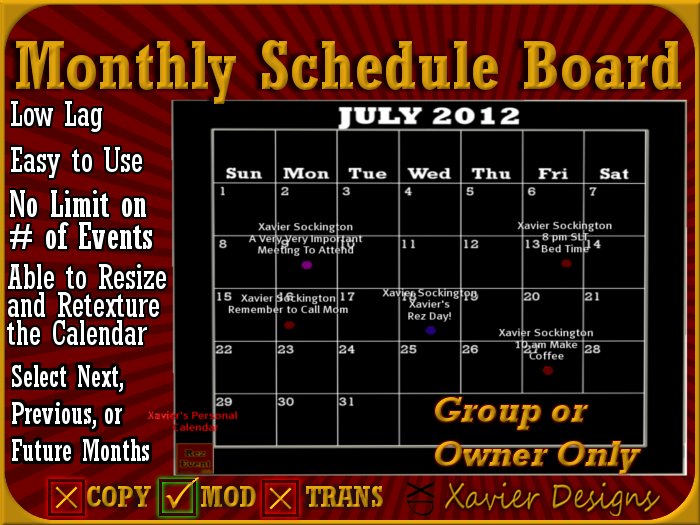 Second Life Marketplace - XD Monthly Calendar and Schedule Board ...