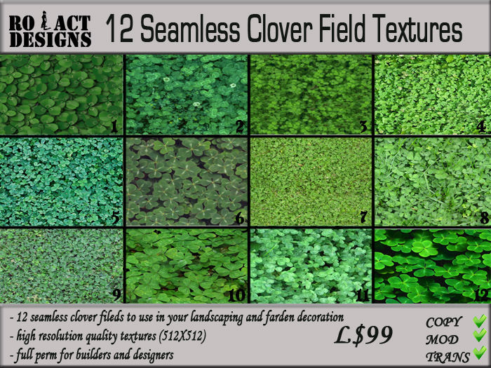 Second Life Marketplace - ..::RO!ACT::..DESIGNS 12 Seamless Clover ...