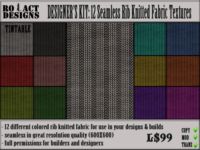 Second Life Marketplace - ..::RO!ACT::..DESIGNS 12 Rib Knitted Seamless ...