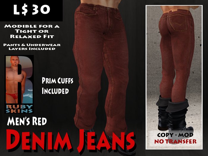 Second Life Marketplace - RUBY Mens Denim Jeans - Red