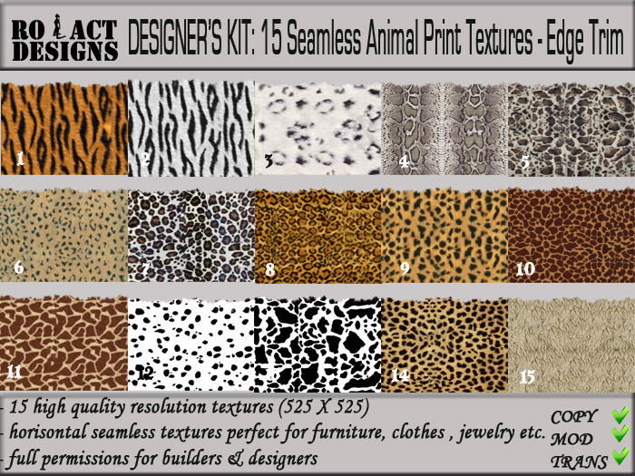 Second Life Marketplace - ..::RO!ACT::..DESIGNS 15 Seamless Animal ...