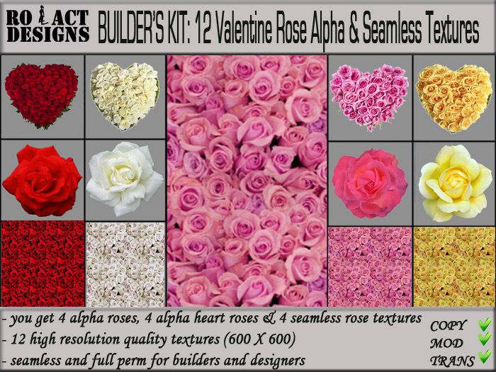 Second Life Marketplace - ..::RO!ACT::..DESIGNS 12 Valentine Rose Alpha ...