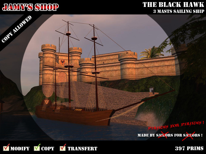 Second Life Marketplace - The Black Hawk V2.0 - Three-Masted Sailing Ship