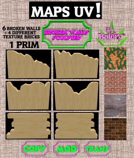 Second Life Marketplace - BROKEN WALLS - SCULPTED 1 PRIM MAPS UV ...