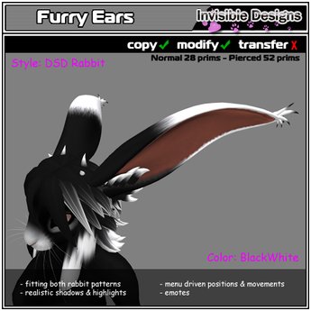 Second Life Marketplace - Invisible Designs - Furry Ears rabbit black white