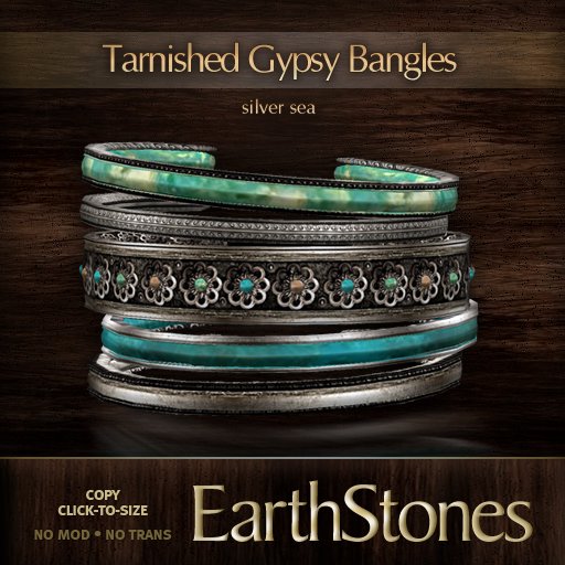 Second Life Marketplace - EarthStones Tarnished Gypsy Bangles - Silver/Sea
