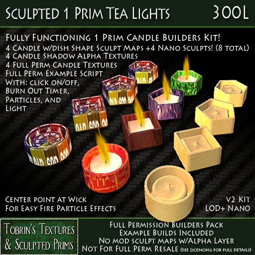 Second Life Marketplace - Tobrins Sculpted 1 Prim Tea Lights (Candle)
