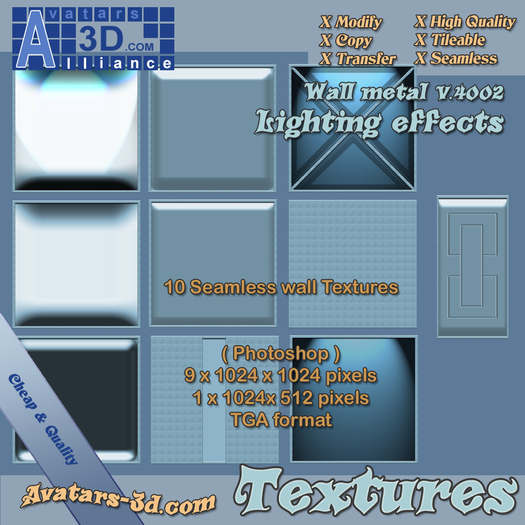 Second Life Marketplace - Textures wall metalic v.4002 lighting effects ...