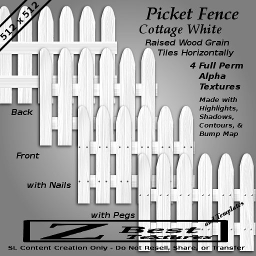 Second Life Marketplace - Z Best Textures White Cottage Picket Fence v2 ...