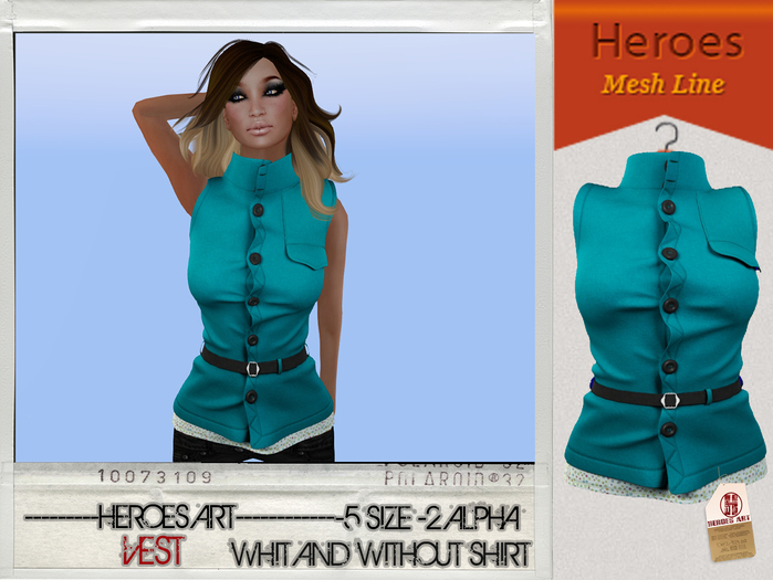 Second Life Marketplace - Heroes Art.-Mesh Vest Green Cotton Woman Rigged