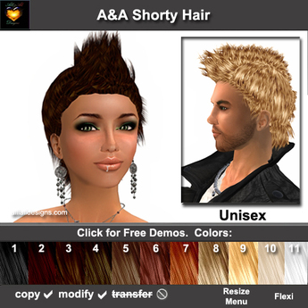Second Life Marketplace - A&A Shorty Hair FREE DEMOs. Value Pack DEMOs
