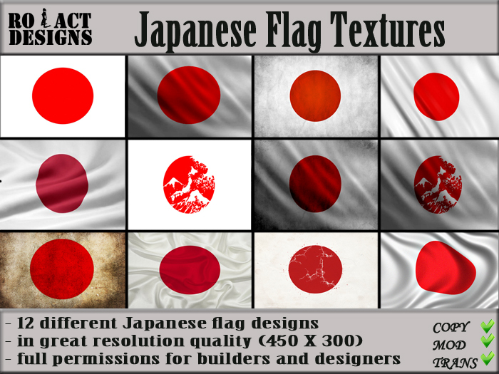 Second Life Marketplace - ..::RO!ACT::..DESIGNS 12 Japanese Flag Textures